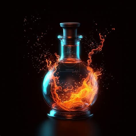 Premium Ai Image A Flask With A Fire On It And A Blue Liquid In The