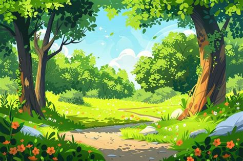 Cartoon Forest Landscape With Meadow Flowers Premium Ai Generated Vector