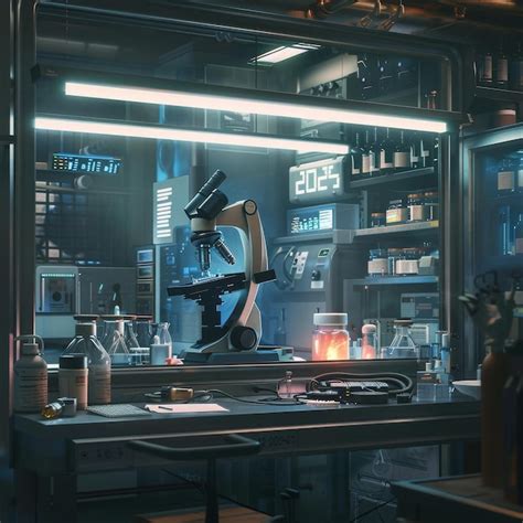 A Display Of A Laboratory With A Microscope On It Premium Ai Generated Image