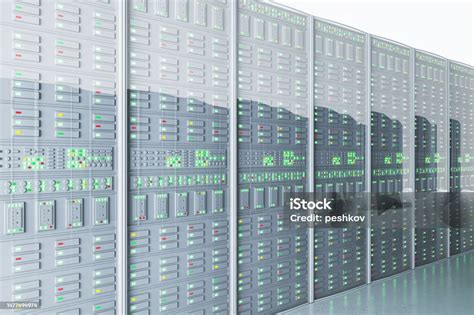 현대적인 조명 서버실 인테리어 완전히 작동하는 서버 랙의 여러 행이 있는 데이터 센터 샷 현대 통신 3d 렌더링 0명에 대한 스톡 사진 및 기타 이미지 Istock