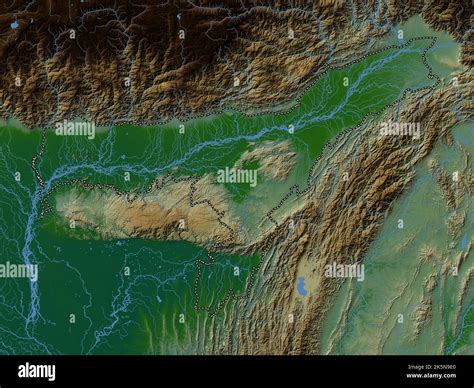 Assam State Of India Colored Elevation Map With Lakes And Rivers