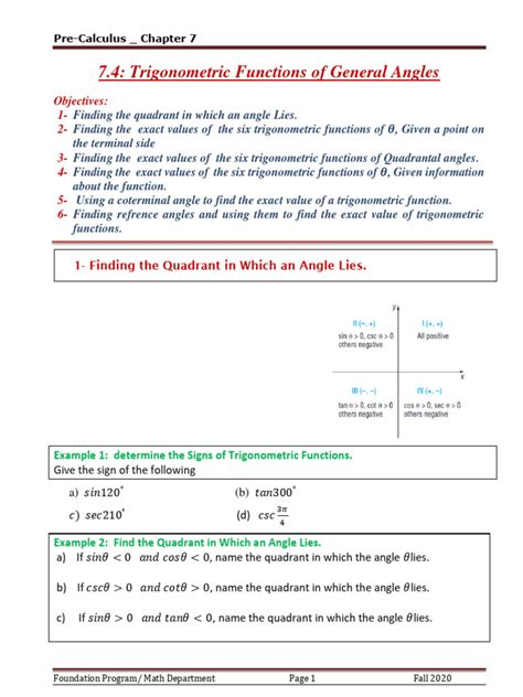 74 Trigonometric Functions Of General Angles Fall 2020 Pdf
