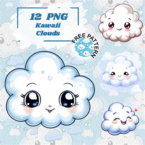Cute Kawaii Clouds Clipart Cute Clouds Png Digital Download Clouds