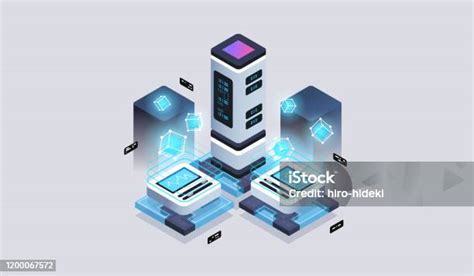 빅 데이터 컴퓨팅 정보 흐름 디지털 과학 실험실을 처리하는 데이터 분석 기술 시각화 개념입니다 3d 아이소메트릭 벡터 그림