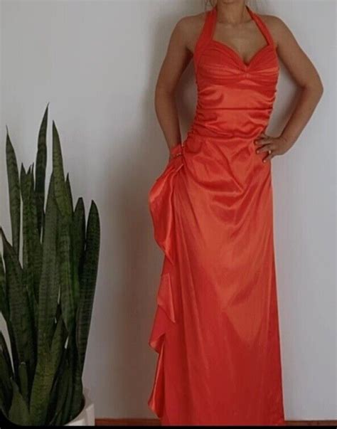 Coral Orange Satin Prom Dress Ruched Halter Size 7 Gem