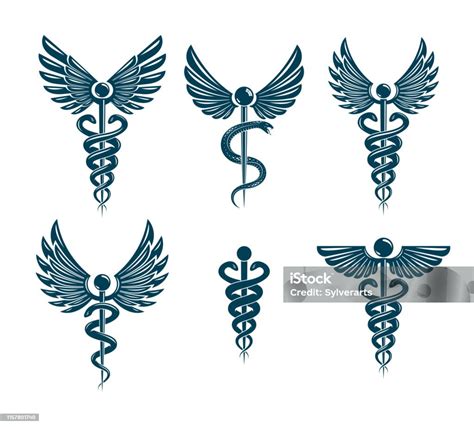 조류 날개와 뱀을 사용하여 만든 벡터 Caduceus 기호의 집합입니다 의료 및 재활 테마 그림 의술 지팡이에 대한 스톡 벡터 아트 및 기타 이미지 Istock