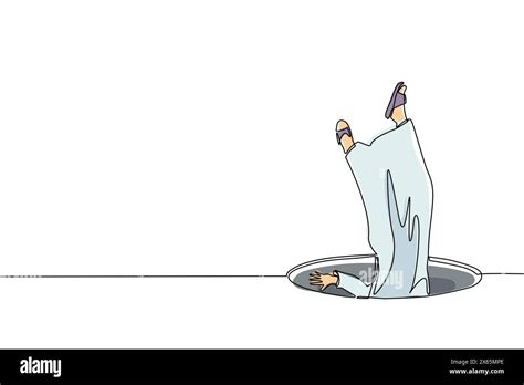 Single One Line Drawing Arabian Businessman Falling Into Pit Hole Legs