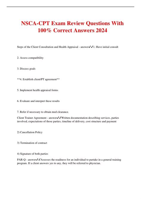 Nsca Cpt Exam Review Questions With 100 Correct Answers 2024 Nsca