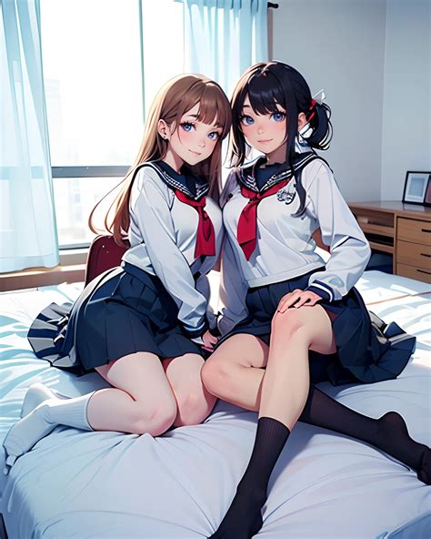 彼らはベッドに座っている制服を着た2人の女の子です Seaart Ai