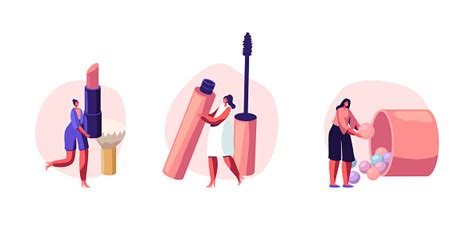 페이스 케어 및 뷰티 세트 미용실의 여성 뷰티 살롱에서 스킨 케어 제품을 테스트하는 여성 캐릭터 메이크업 코스 메이크업 학교 화장품 마스터 클래스 만화 플랫 벡터 일러스트