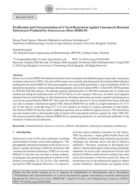 Pdf Purification And Characterization Of A Novel Bacteriocin Against
