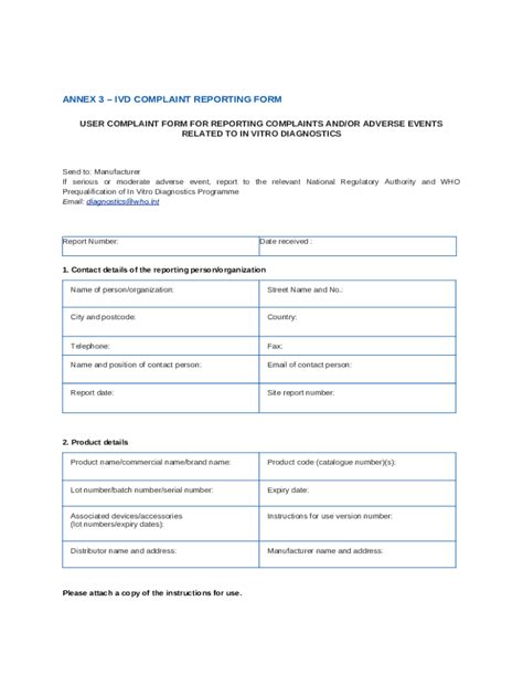 Annex 3ivd Complaint Reporting User Doc Template Pdffiller