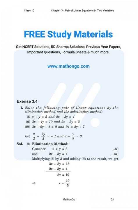 NCERT Solutions For Class Maths Chapter Pair Of Linear Equations In Two Variables MathonGo