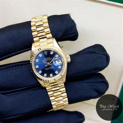 NOT AVAILABLE Rolex Mm Discontinued Fluted Bezel K Yellow Gold Blue Diamonds Dial Lady