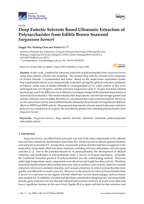 Pdf Deep Eutectic Solvents Based Ultrasonic Extraction Of Polysaccharides From Edible Brown