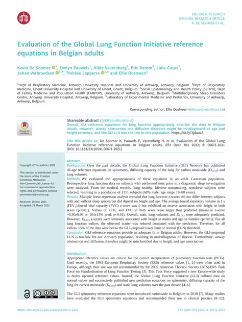 Pdf Evaluation Of The Global Lung Function Initiative Reference Equations In Belgian Adults