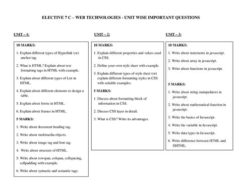 Web Technologies Important Questions ELECTIVE 7 C WEB TECHNOLOGIES UNIT WISE IMPORTANT