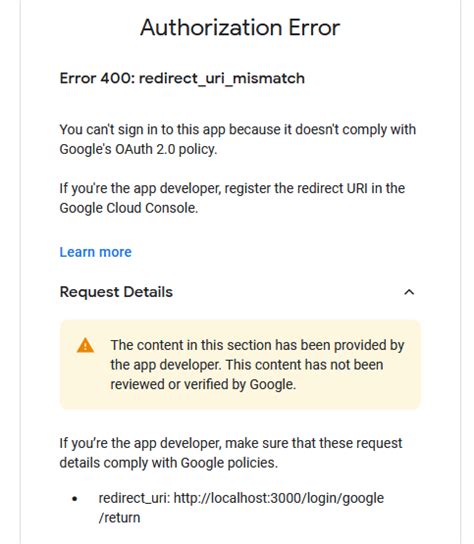 Oauth React App Google OAuth Error Redirect Uri Mismatch
