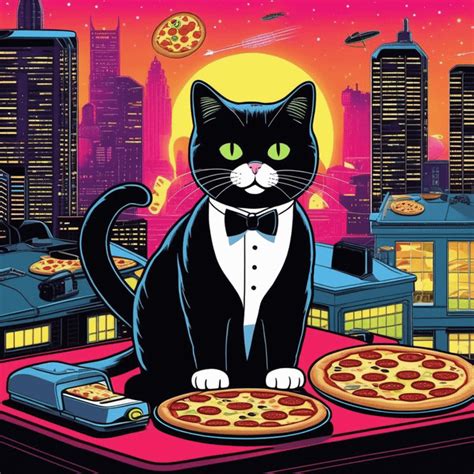 Cat In Black Tie Surrounded By Flying Toasters And Pizza Slices On A