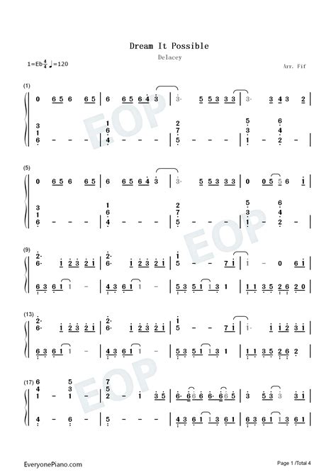 Dream It Possible 完美版 钢琴谱文件（五线谱、双手简谱、数字谱、midi、pdf）免费下载
