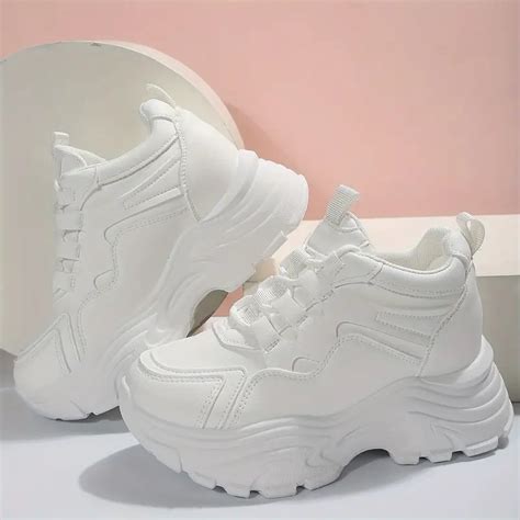여성용 플랫폼 청키 스니커즈 단색 레이스 업 높이 증가 신발 캐주얼 워킹화 Temu Republic Of Korea