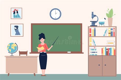 Teacher In Classroom Flat School Or University Class And Young Female Professor At Chalkboard