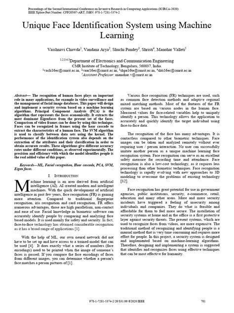 Unique Face Identification System Using Machine Learning Pdf
