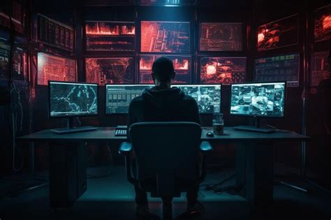 Hacker Masculino Em Uma Sala Na Frente De Monitores Foto Premium