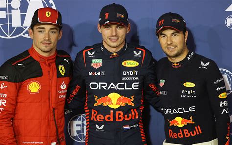 予選3位のシャルル・ルクレール（フェラーリ）、ポールポジションのマックス・フェルスタッペン（レッドブル）、2位のセルジオ・ペレス（レッドブル