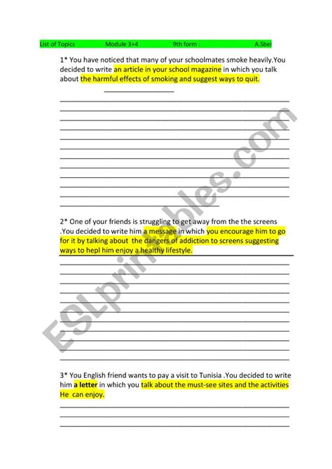Writing Topics Esl Worksheet By Bissen