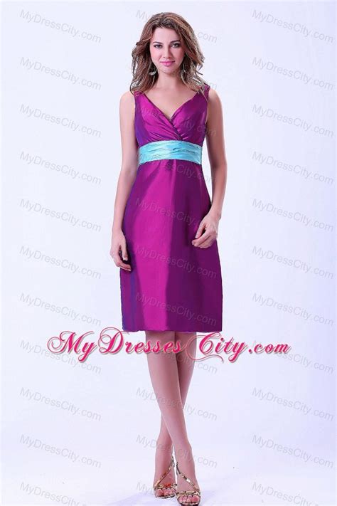 Purple V Neck Knee Length Maid Of Honor Dress With Blue Belt