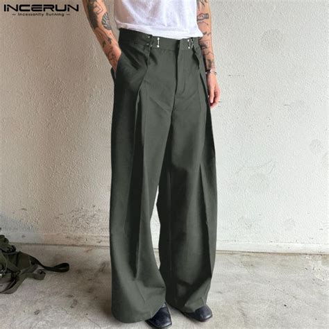 Incerun กางเกงผู้ชายดีไซน์คล้องกระดุมแบบวินเทจ ขากว้างสีทึบ พรีเซล Shopee Thailand