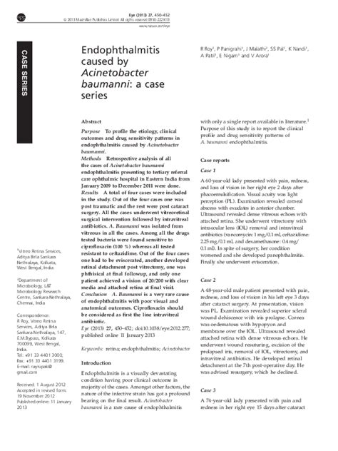 Pdf Endophthalmitis Caused By Acinetobacter Baumanni A Case Series