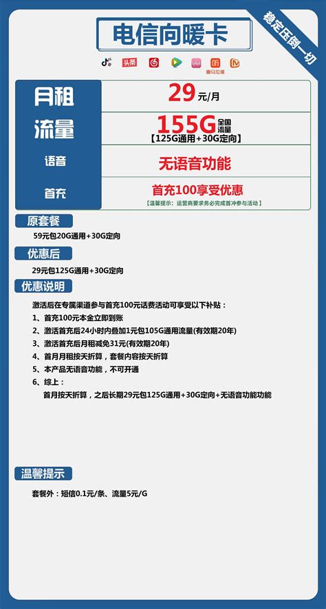 【20年套餐、流量结转】电信泛星卡向暖卡豫州卡29元包125g通用30g定向无语音功能 美推号卡