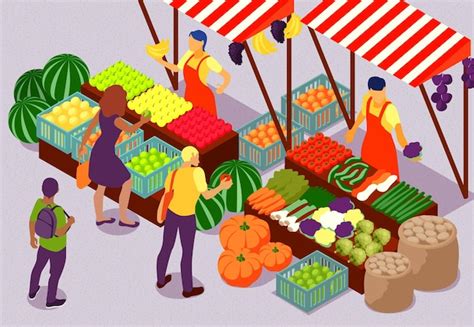 야채 과일 꿀 치즈 빵 꽃을 사는 사람들은 농장 시장 아이소 메트릭에서 잼 무료 벡터