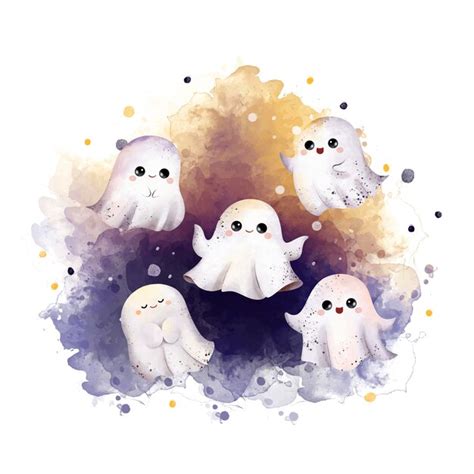 수채화 그림 귀여운 작은 유령 프리미엄 벡터