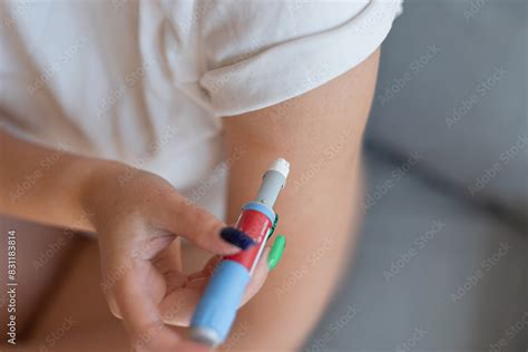 Girl Gives Herself An Injection Of Anti Diabetes In Her Arm At Home Injectors Dosing Pen For