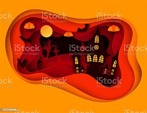 紙藝術萬聖節夜背景與鬧鬼的房子 飛蝙蝠 墓地與墳墓和死樹現代剪紙風格傳單或邀請範本萬聖節晚會向量圖形及更多俱樂部圖片 俱樂部 傳單 光