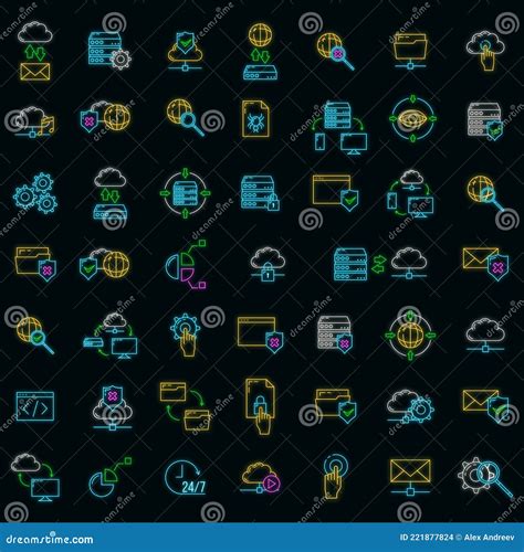 Set Of Online Database Computer Cloud Icon Neon Glow Style Data Storage Protect Information
