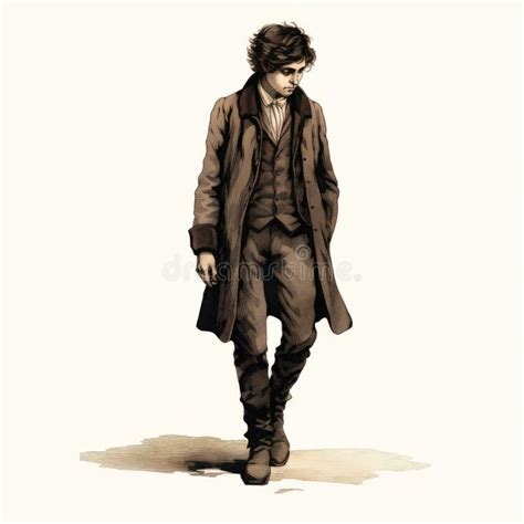 Stylish Steampunk Illustration Of Androgynous Man In Trench Coats Stock