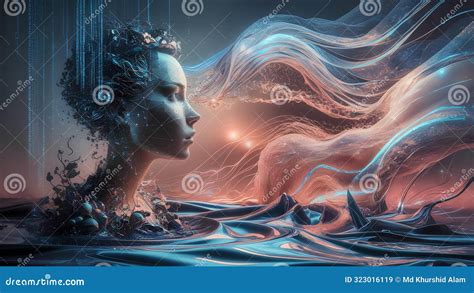 Futuristic Woman Profile Emerging From Digital Waves With Flowing Data Streams Intricate