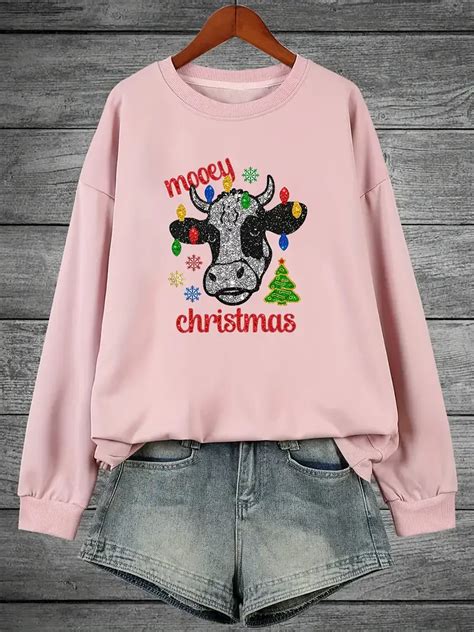 Plus Size Christmas Cow Print Sweatshirt Casual Long Sleeve Temu