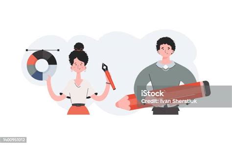 남자와 여자가 벨트를 잡고 서서 큰 연필을 들고 있습니다 디자인 프리젠 테이션 사이트를위한 요소 개념에 대한 스톡 벡터 아트 및