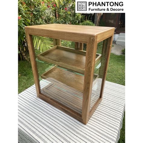 ฟรีถาดไม้3ใบ ตู้โชว์สินค้าไม้สัก 30x50x60 บานเปิดตู้ขนม ตู้โชว์ขนม