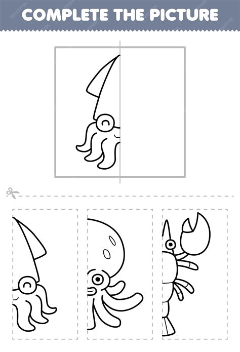 어린이를 위한 교육 게임은 인쇄 가능한 수중 워크시트를 색칠하기 위한 귀여운 만화 오징어 반 개요의 그림을 자르고 완성합니다