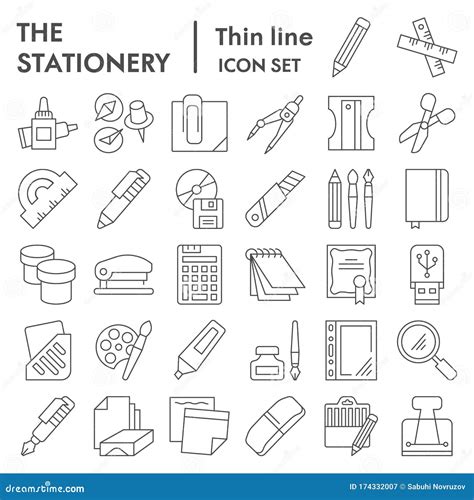 Stationery Thin Line Icon Set Office Symbols Collection Vector