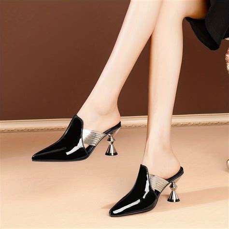 Womens High Heel Mule Sandals Pointed Toe Patent Leather Slingback