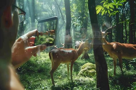 Capturing Wildlife A Person Photographs Deer In Lush Forest Using A Smartphone Enhanced With