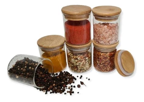 Pote Hermético De Vidro Tampa Bambu kit 6 Peças 200ml MadeiraMadeira