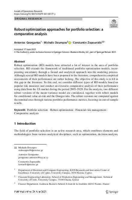 Pdf Robust Optimization Approaches For Portfolio Selection A Comparative Analysis